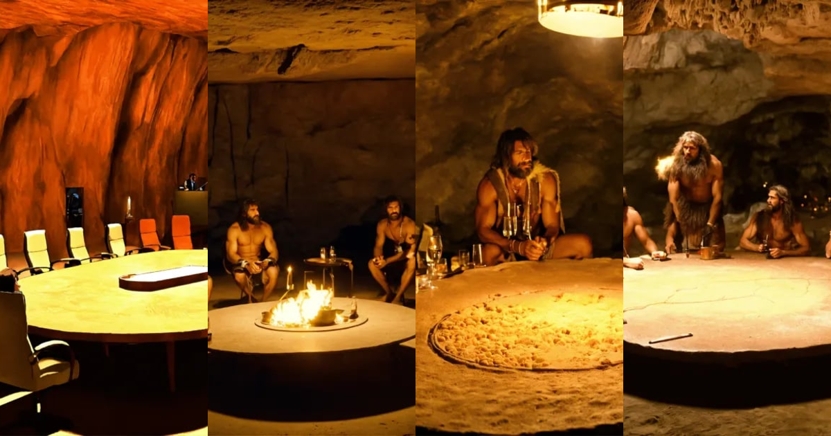 Lexica - Cavemen suited have a meeting around a large oval table in a cave