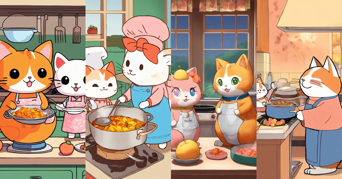Lexica - Cartoon of peach and goma cat cooking together