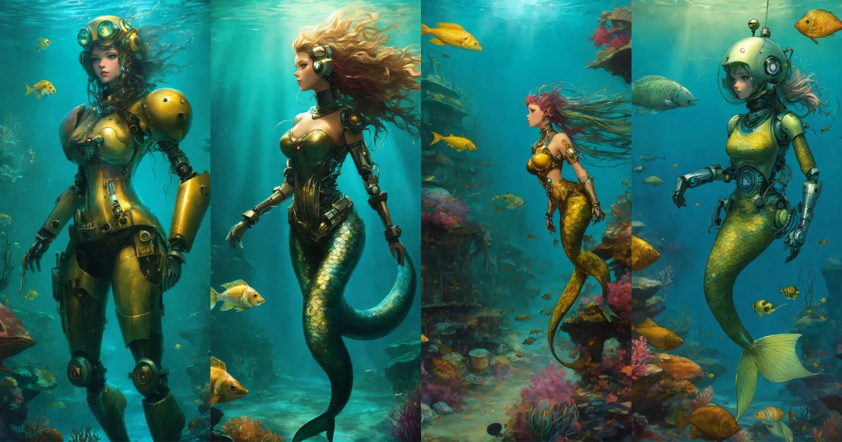 Lexica - A robot mermaid in the bottom of the sea, dark light , whit a ...