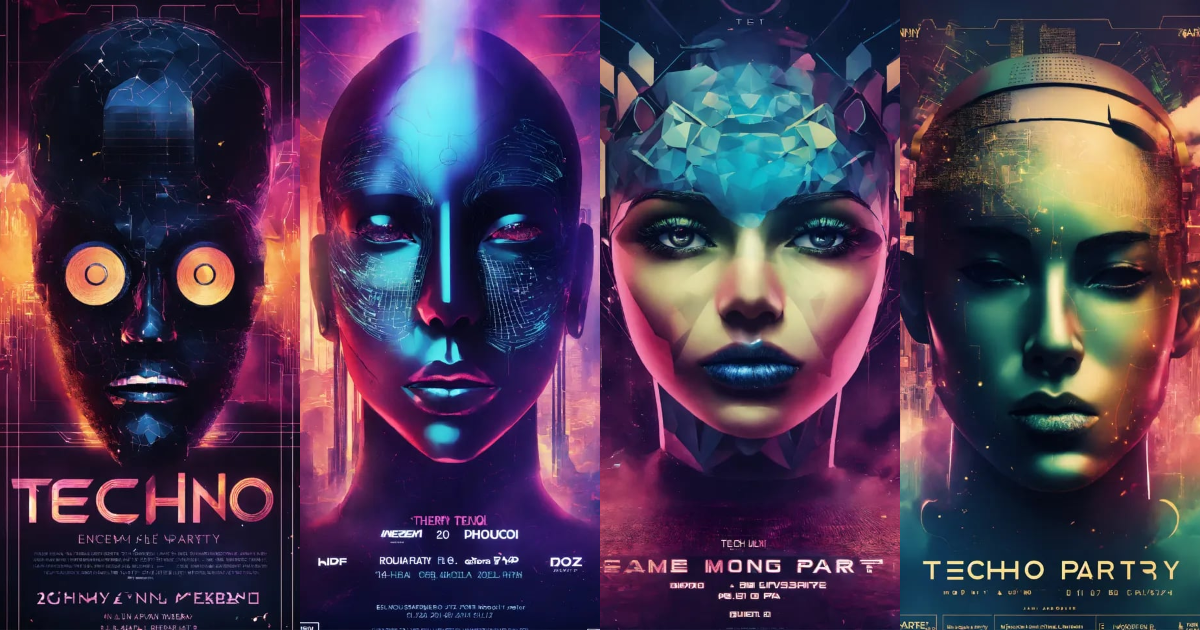 Lexica - Techno party poster with an abstract face against a backdrop ...