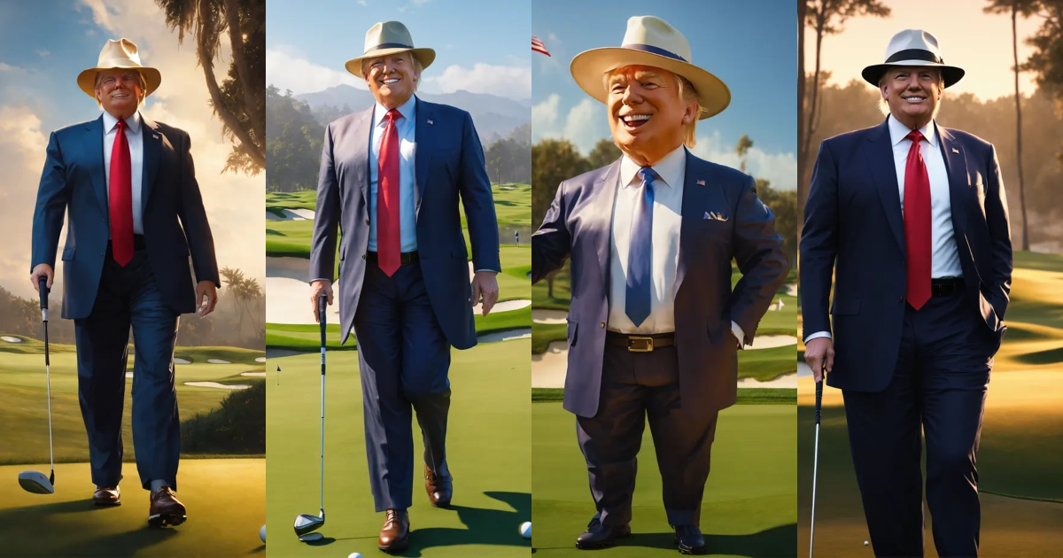 Lexica - Donald trump on a golf course, wearing a fedora, forward ...