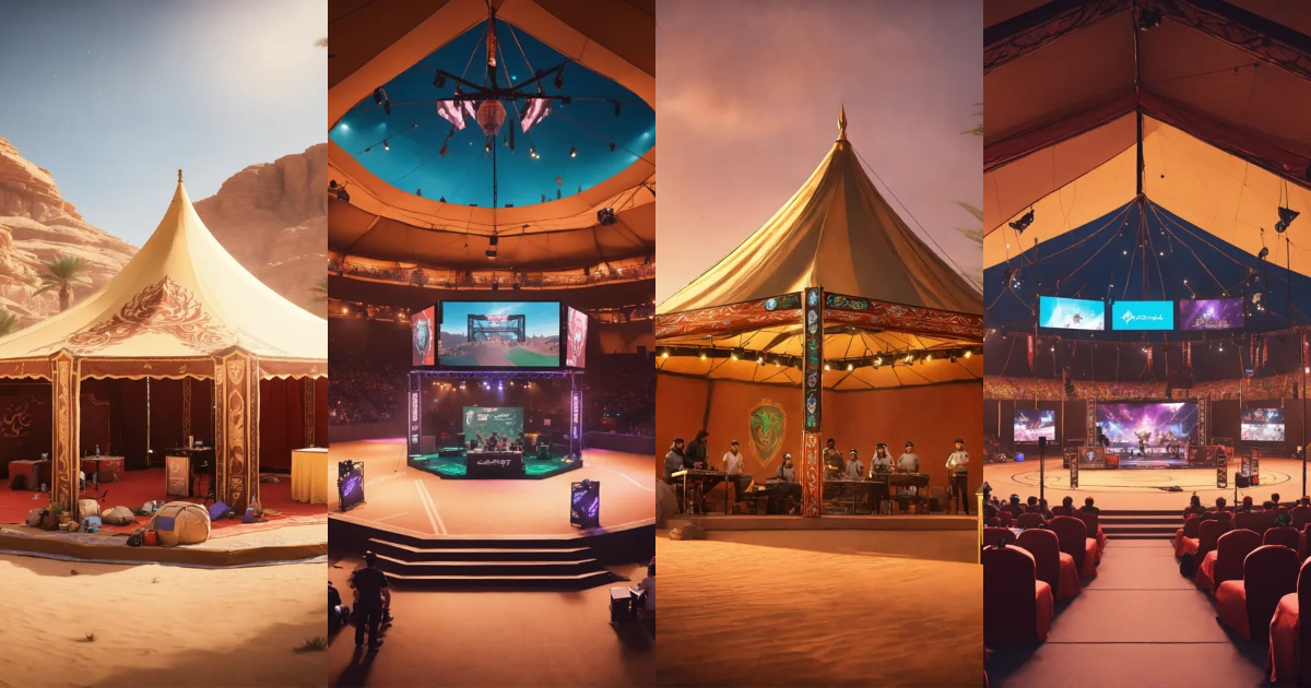 Lexica - Generate an image of a small esports venue's desert tent style ...