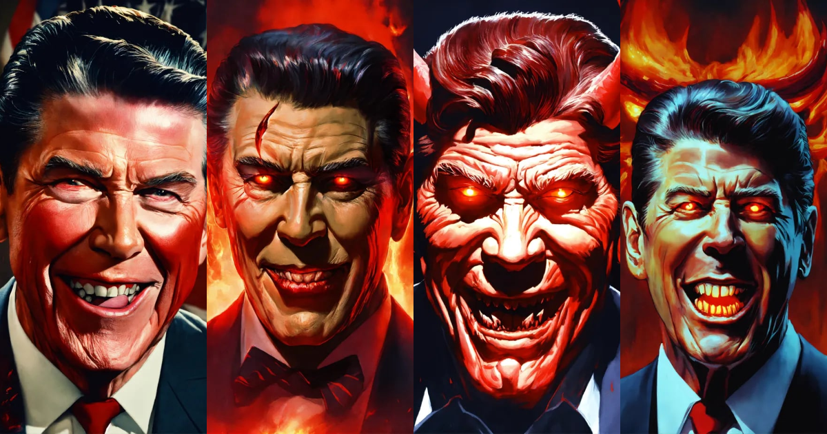 Lexica - Evil Ronald Regan, with a devil-like tongue, glowing red eyes
