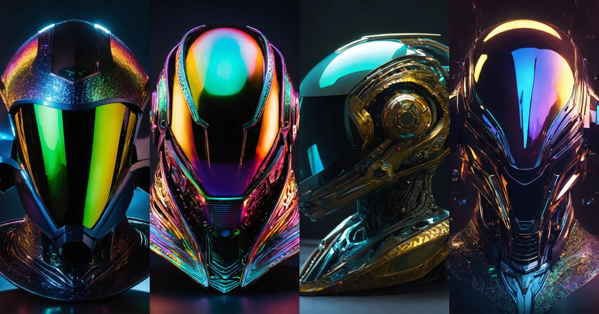 Lexica - Alien helmet with iridescent reflection. Dark background
