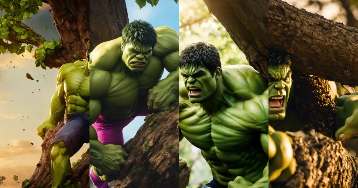 Lexica - The Hulk climbing the tree but getting stuck himself