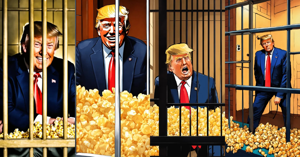 Lexica - Sad Donald Trump in jail cell "full of popcorn" while guard ...