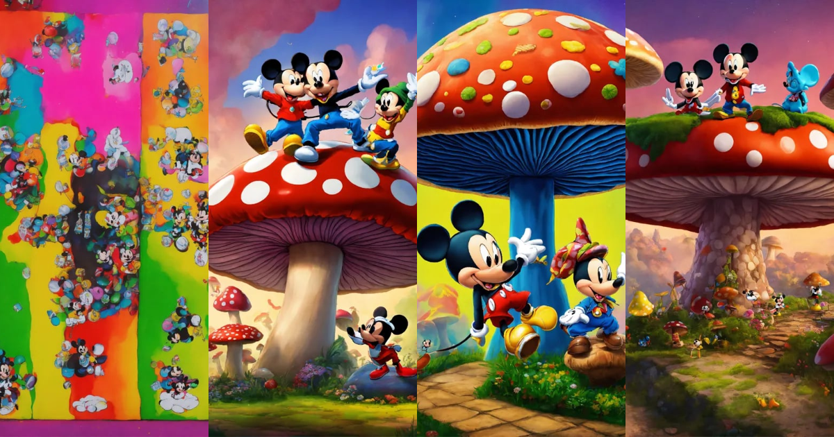 Lexica - Micky Mouse and Snoop Dogg jumping on a giant mushroom, wonder ...