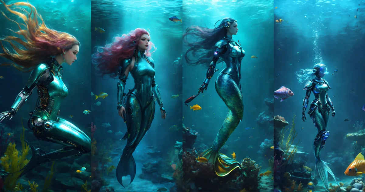 Lexica - A robot mermaid, in the bottom of the sea, dark light , whit a ...