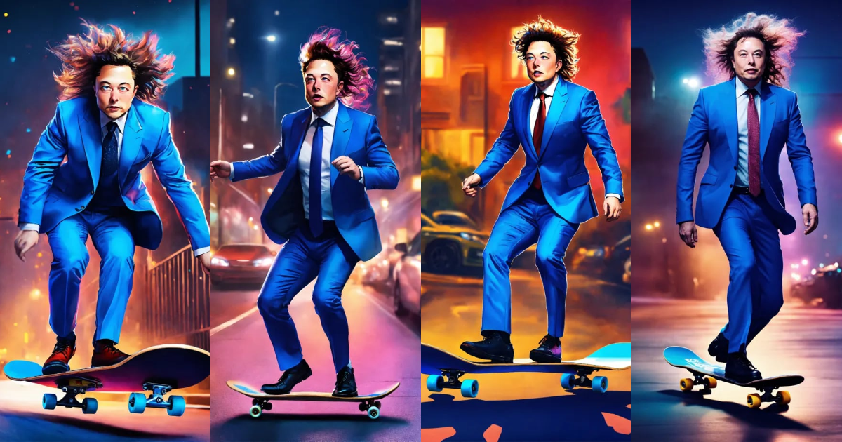 Lexica - An eccentric elon musk with wild hair in a blue suit riding a ...