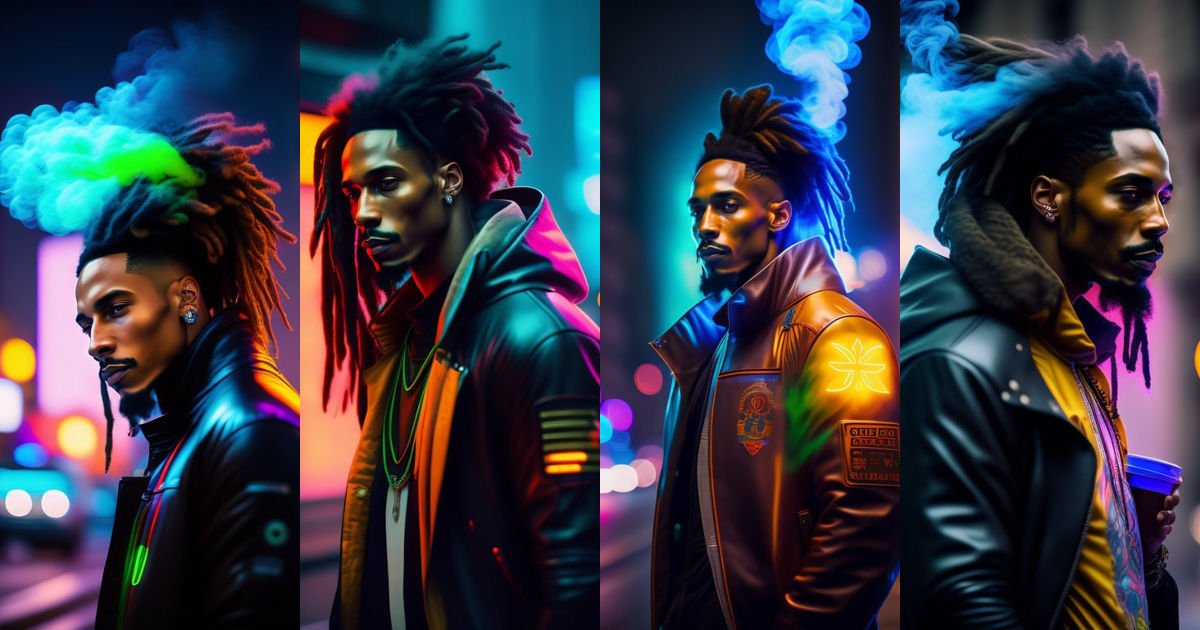 Lexica - Slow shutter speed photo of a cyberpunk bob marley with neon ...