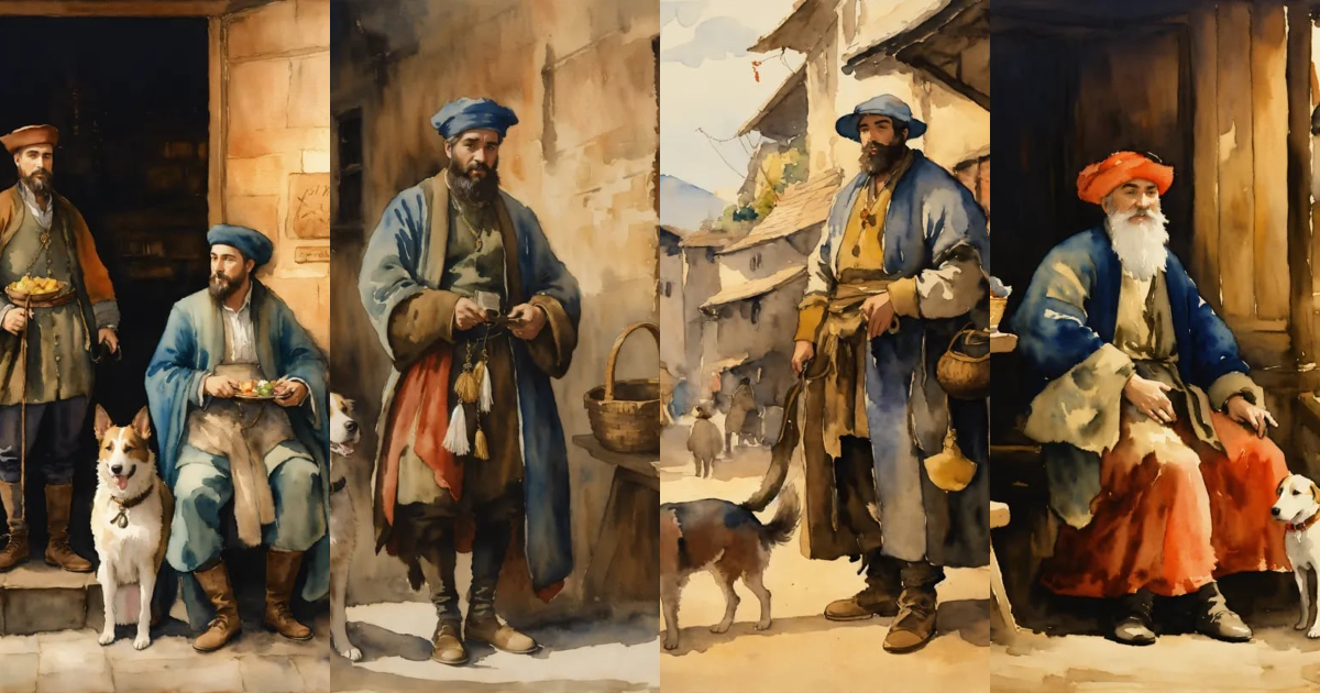 Lexica - Watercolor, merchant with his dog