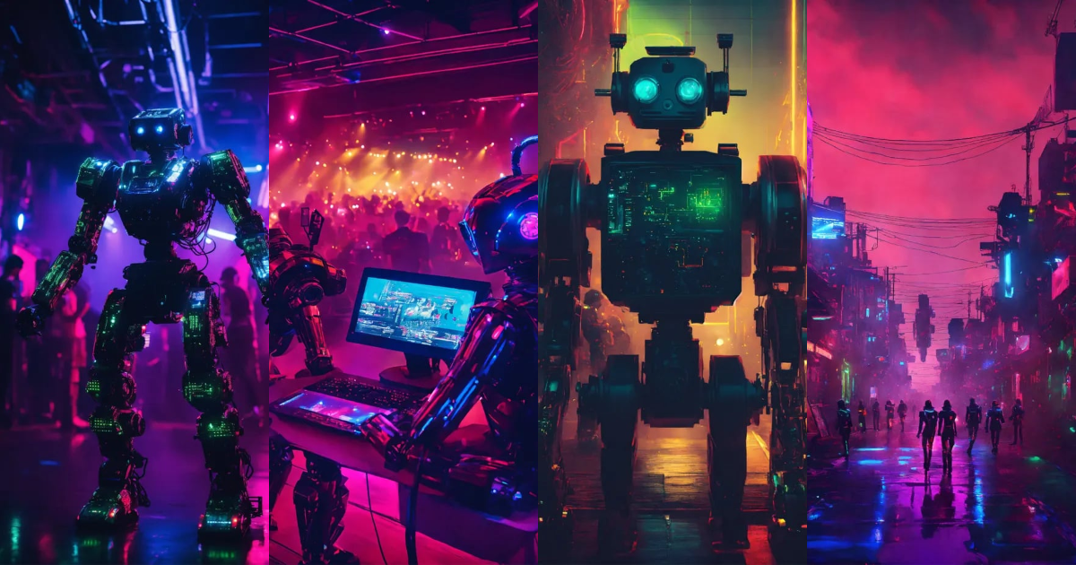 Lexica - Cyber rave dancing robots dark tones view from afar