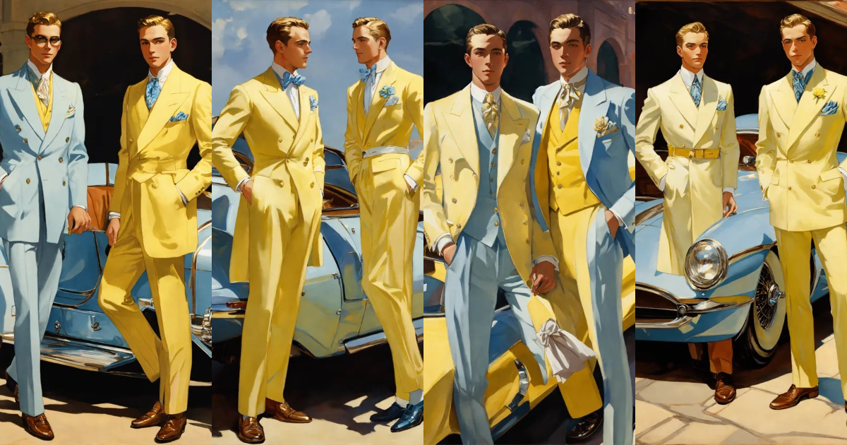 Lexica - Two gentlemen in pale blue and lemon suit, standing before a ...