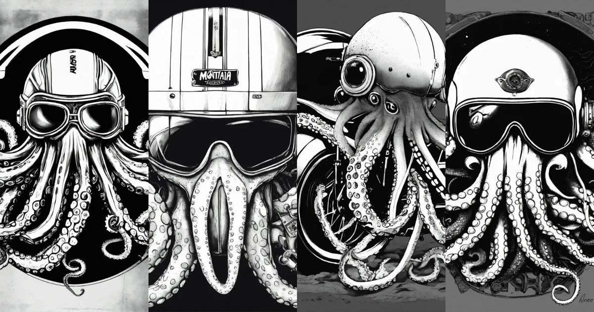 Lexica - T-shirt design of "MONTABEACH" octopus with motorcycle helmet ...