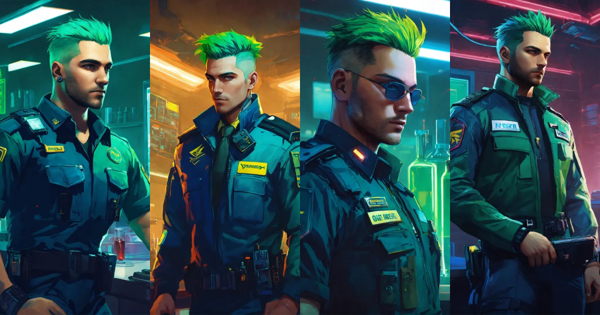 Lexica - Male university cop with green hair in dark blue uniform in a ...