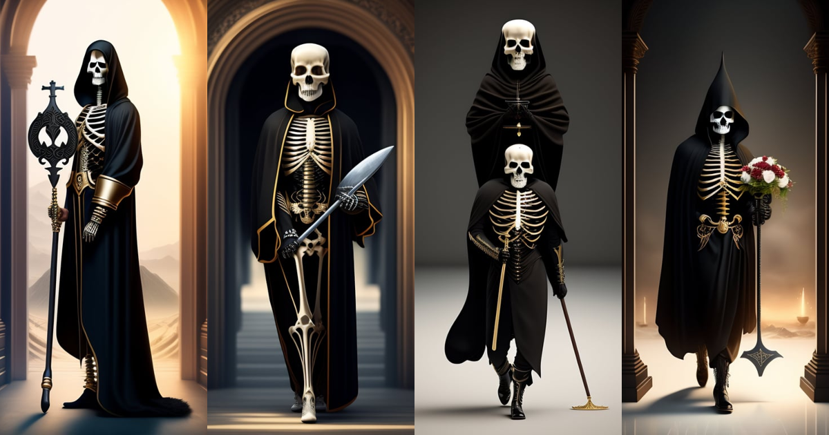 Lexica - Skeleton in black ceremonial robe carrying large bone scythe ...
