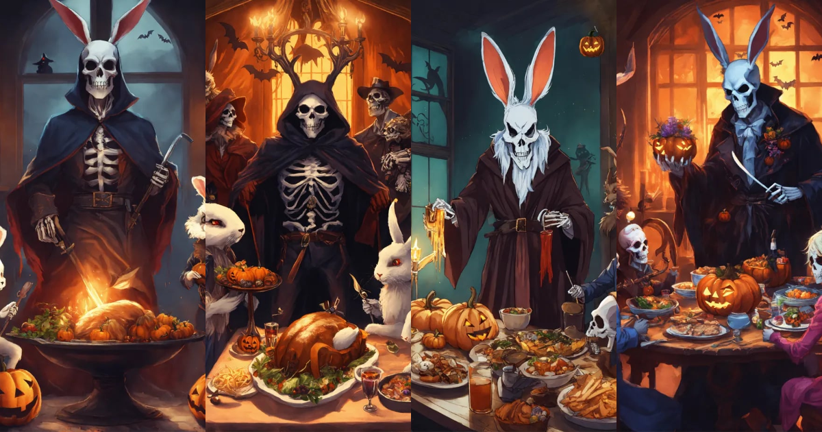 Lexica - Skeletal Grim Reaper in a dark robe, ghost, Halloween Bunny ...
