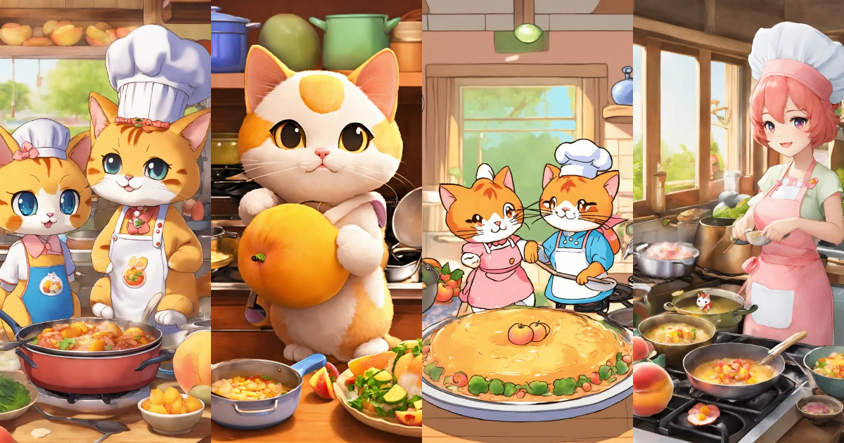 Lexica - Cartoon of peach and goma cat cook together