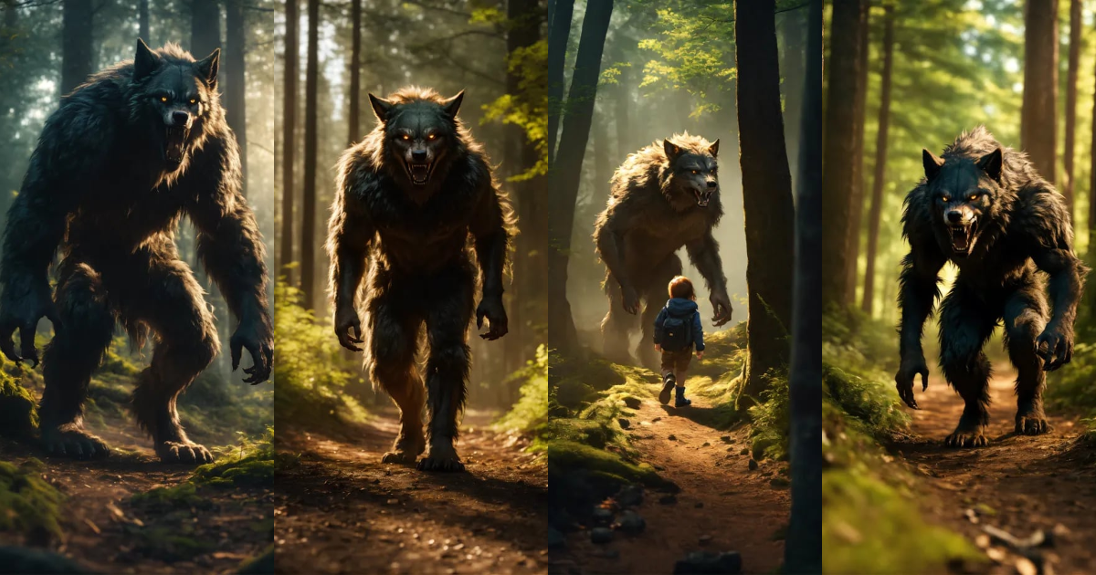 Lexica - A realistic full body werewolf stalking children in a scary ...