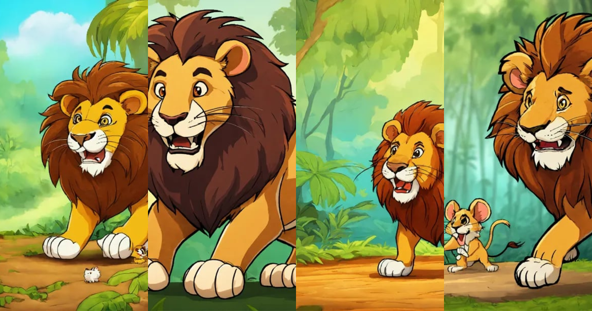 Lexica - Cartoon big lion catching mouse in jungle