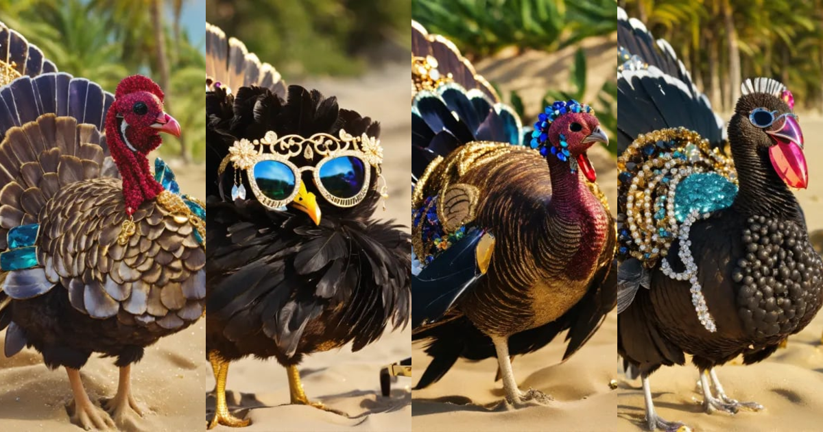Lexica - Lucky Turkey sunglasses on the beach with gold and treasures ...