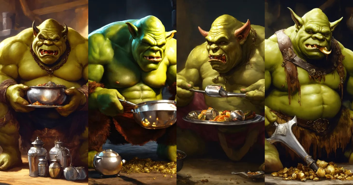 Lexica - Ogre eating metallic objet, digital painting, hyperrealistic ...
