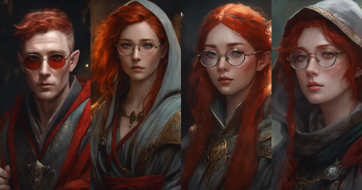 Lexica - Middle-aged elf wizard, grey skin, red hair, half moon glasses ...