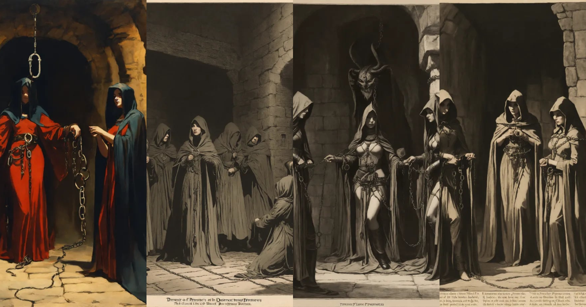 Lexica - Demon Priestesses, shackled in dungeon, tight cloaks ...