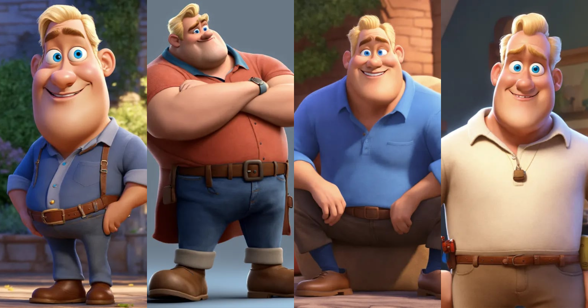 Lexica - Pixar middle-aged man blonde full body blue eyes big nouse cartoon