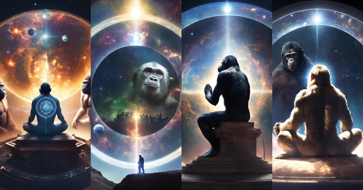 Lexica - Apes praying to a human god in space, in circle image ...