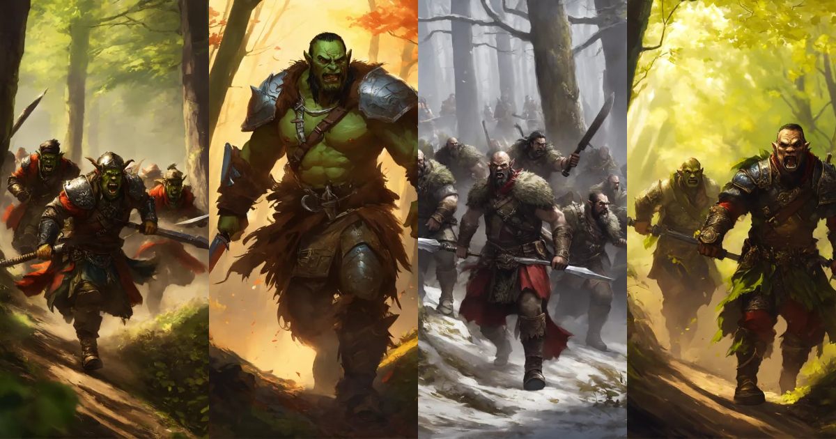 Lexica - Diplomatic group only of orc, charging down a hill in a wood