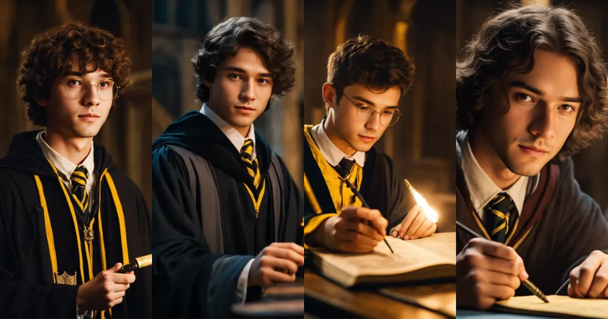 Lexica - Cute man young wizard, inside Hogwarts with a magic wand in ...