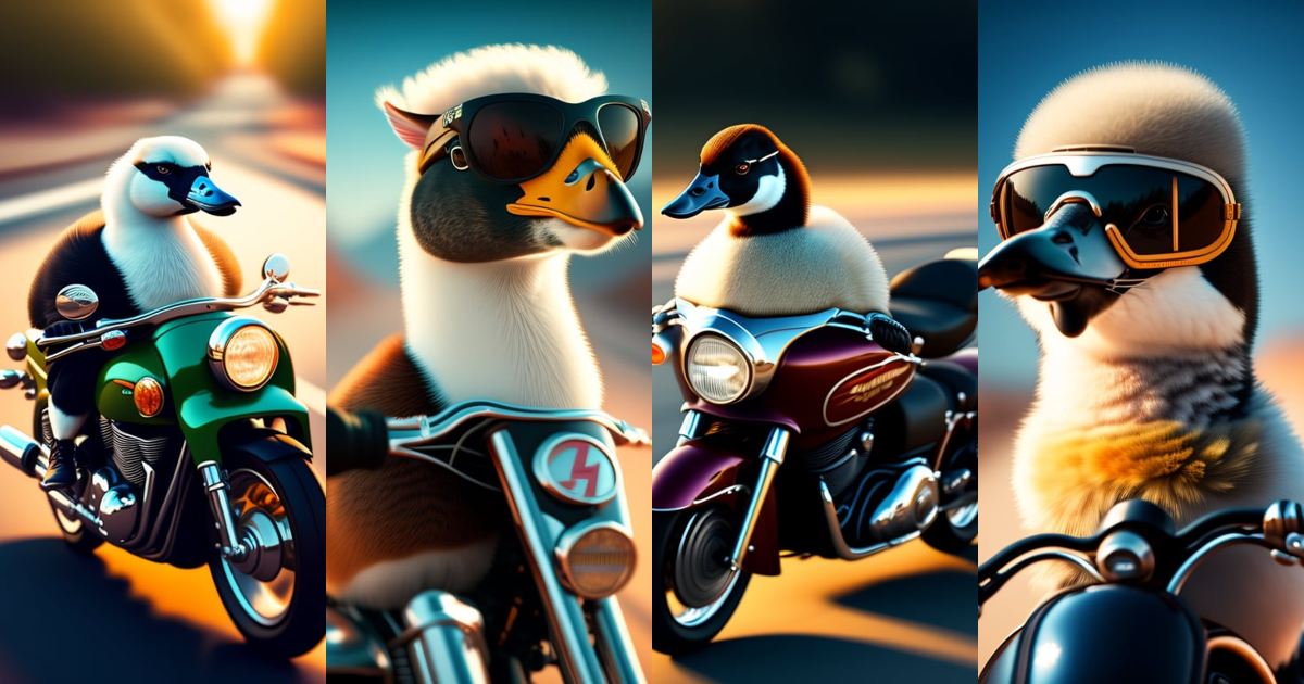 Lexica - Cartoon goose with glasses on a motorcycle, 8k