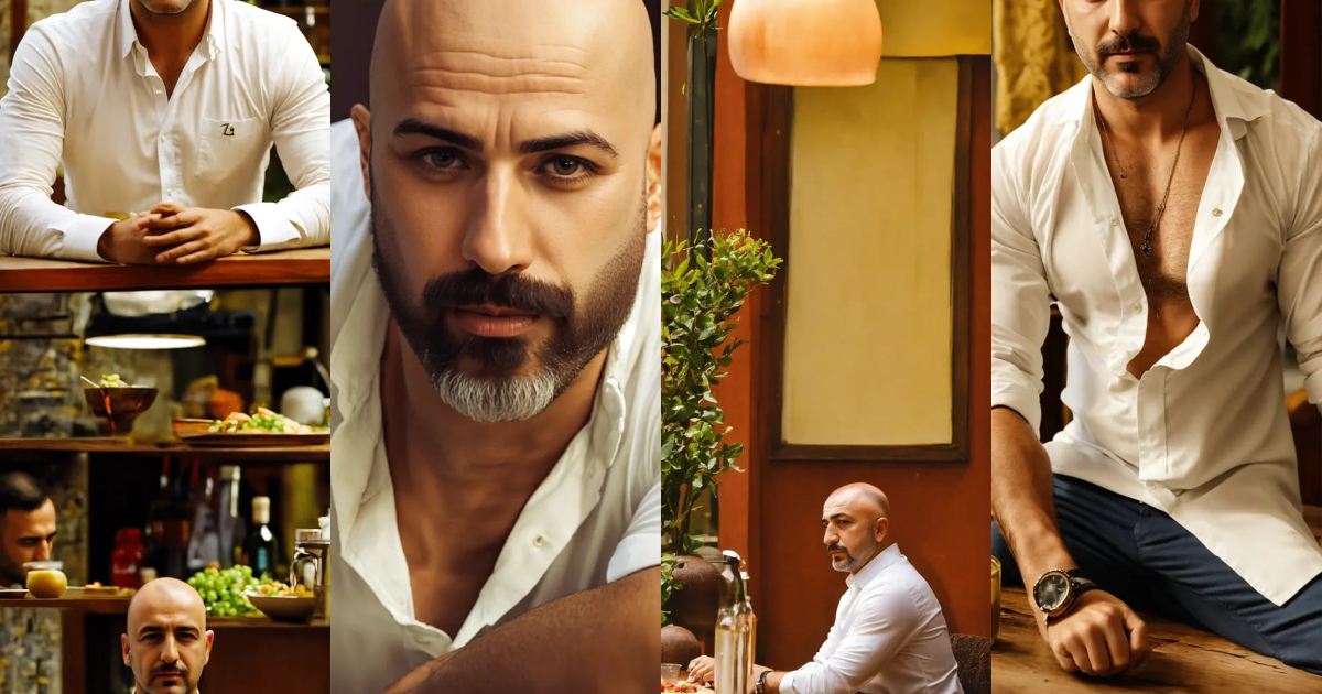 Lexica - Turkish bald guy white shirt sitting on table shaved