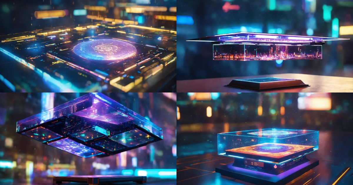 Lexica - Vertical hologram image flying in the air, table, focus ...