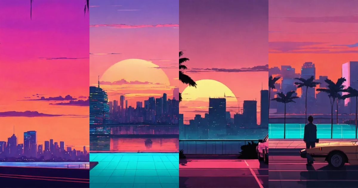 Lexica - Anime miami vice, lofi, sunset skyline, 2d, studio ghibli ...