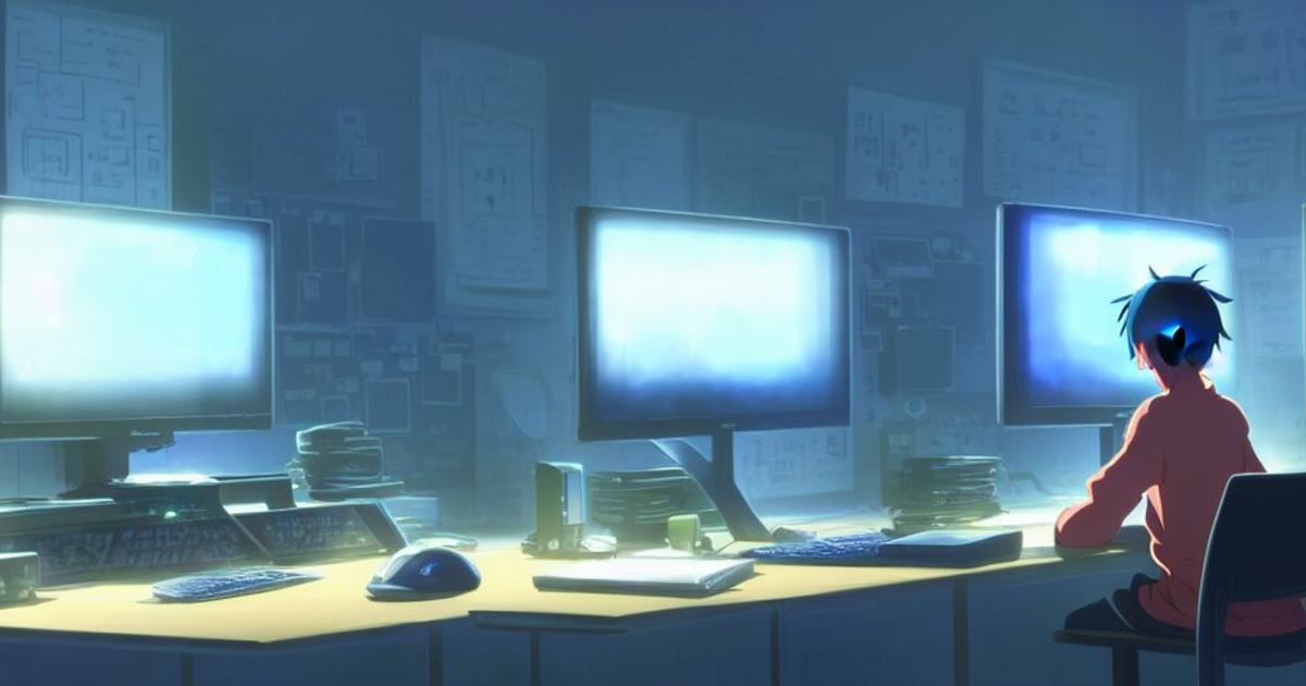 Lexica - A nerdy boy is programming at a computer in a room full of ...