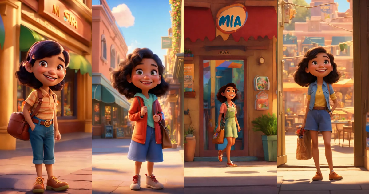 Lexica - Pixar animation of Mia visiting local businesses with a ...