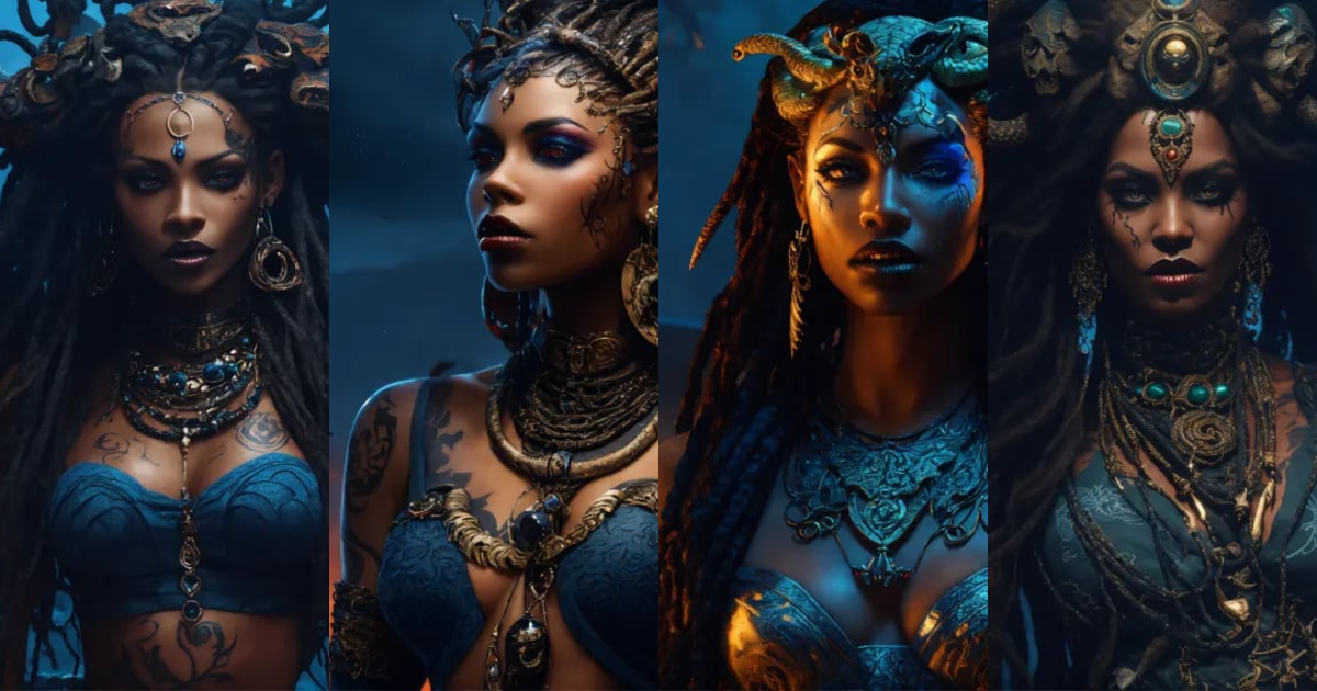 Lexica - A stunning interpretation of full body of a deep black skinned demoness vampire demonic ...