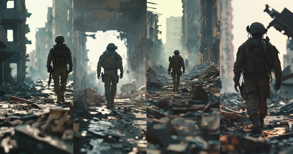 Lexica - Faceless Soldier walking in destroyed city, anamorphotischem ...