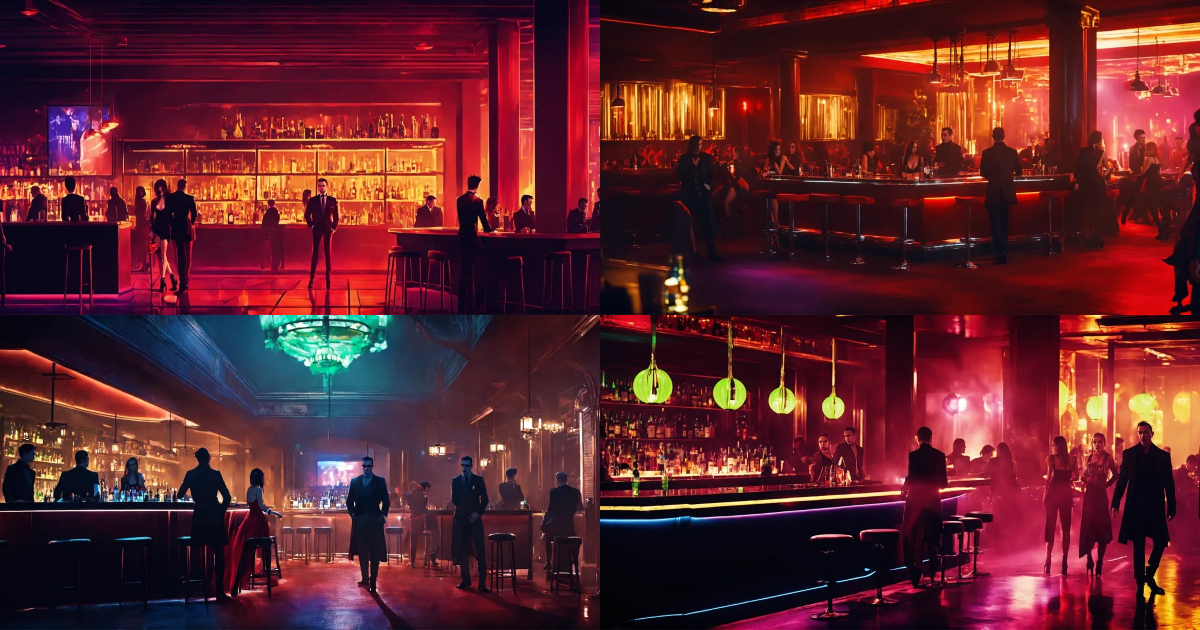 Lexica - Cinematic look, urban city night club bar with guests ...