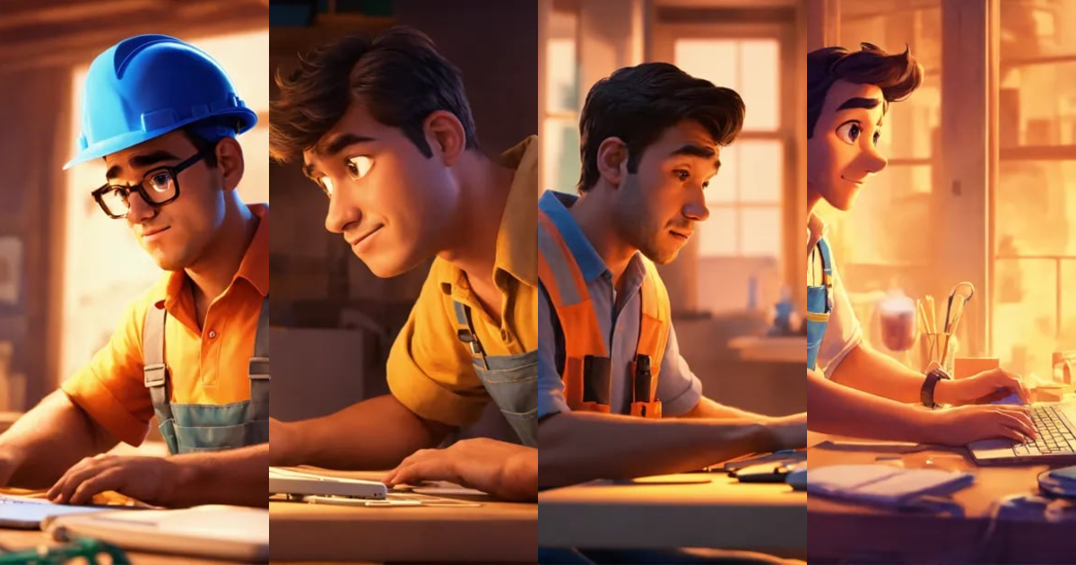 Lexica - Generate a Disney Pixar style image, man working hard in front ...