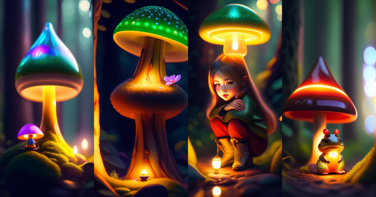 Lexica - Thumbelina next to a glowing toadstool at night in the forest, made by stanley artgerm ...