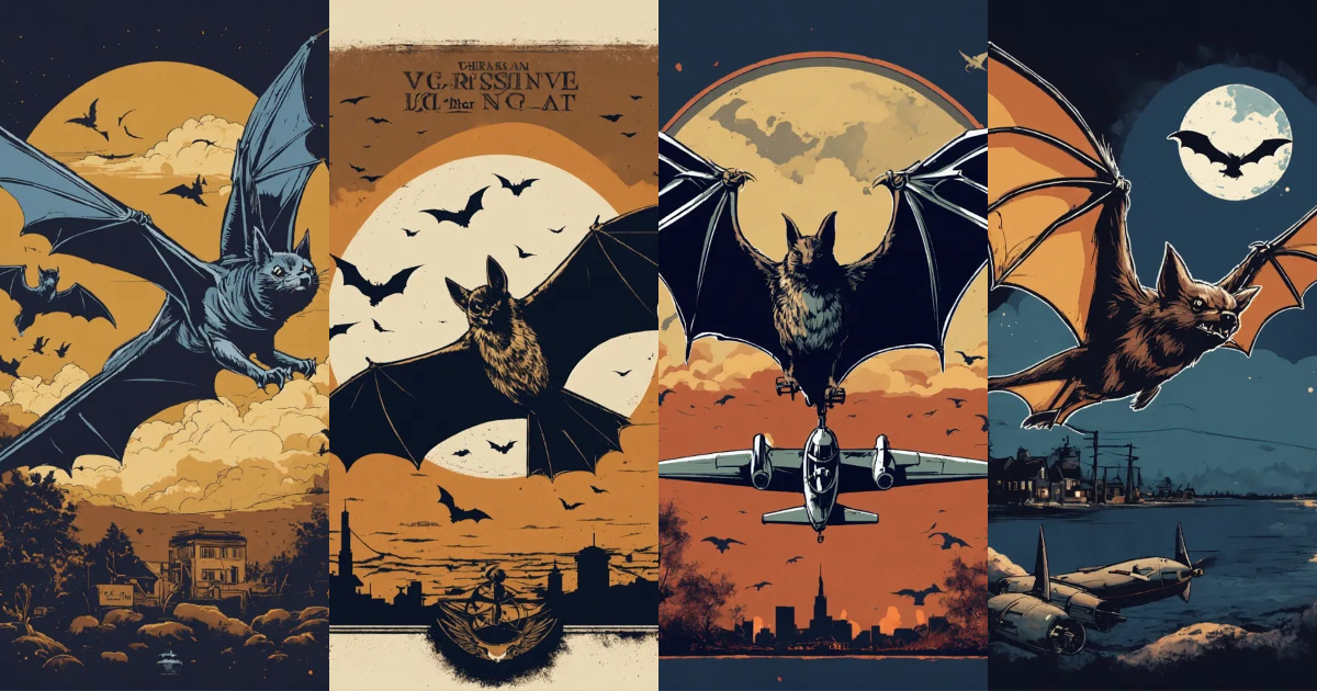 Lexica - T-shirt design, aggressive flying bat holding WWII bomb, dark sky