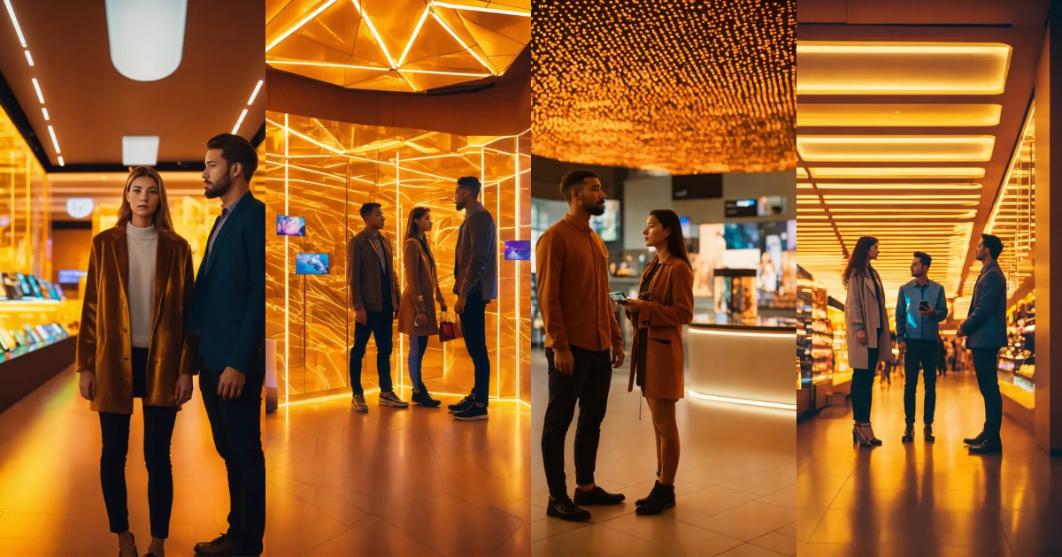 Lexica - Portrait of a man and woman in a high-tech shopping mall with ...