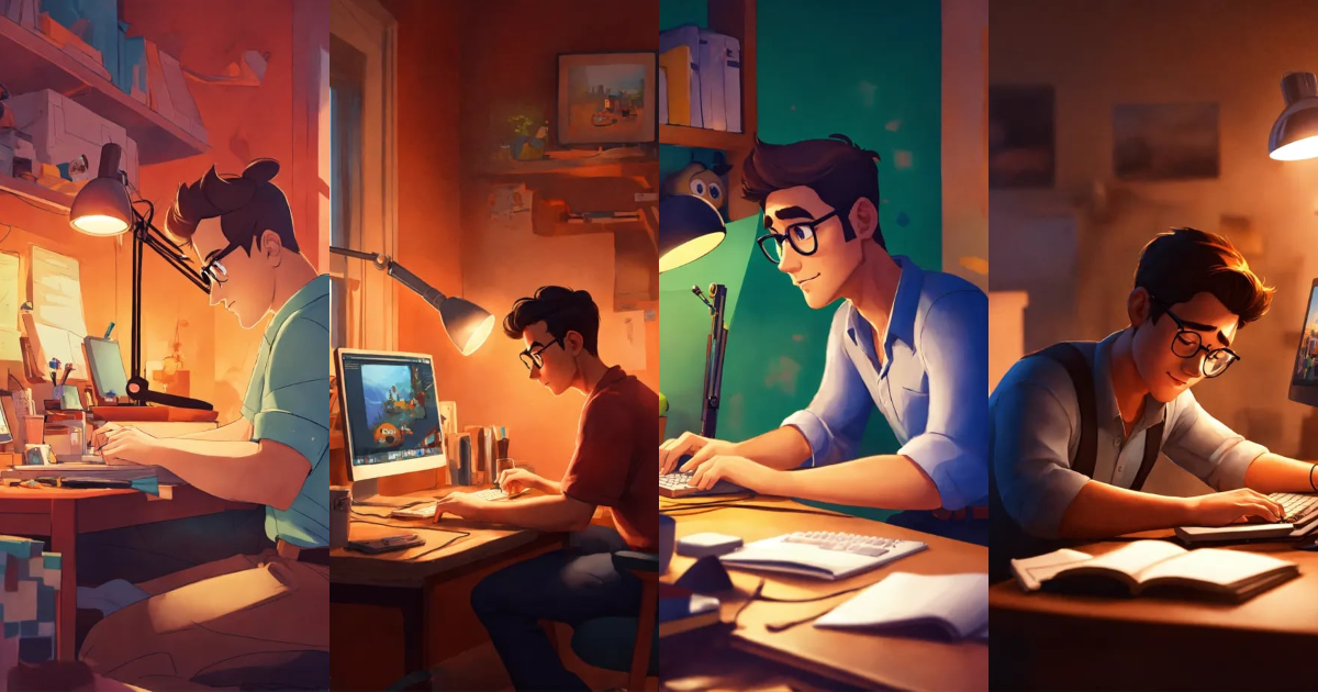 Lexica - Generate a Disney Pixar style image, man working hard in front ...