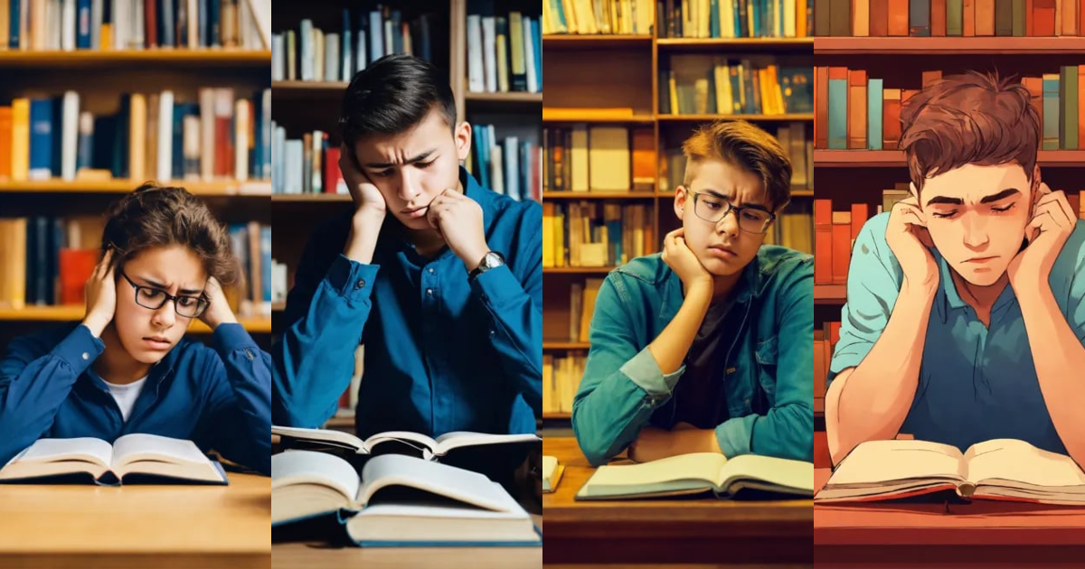 Lexica - Sad student on the background of bookshelves. Exam stress ...