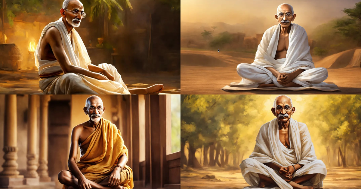 Lexica - Realistic Mahatma Gandhi sitting in a dhoti