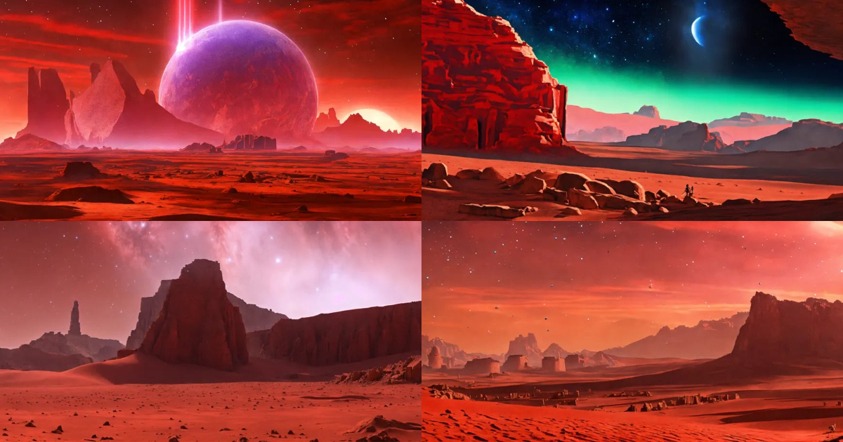 Lexica - Alien landscape, red dwarf star luminosity, 50% desert ...