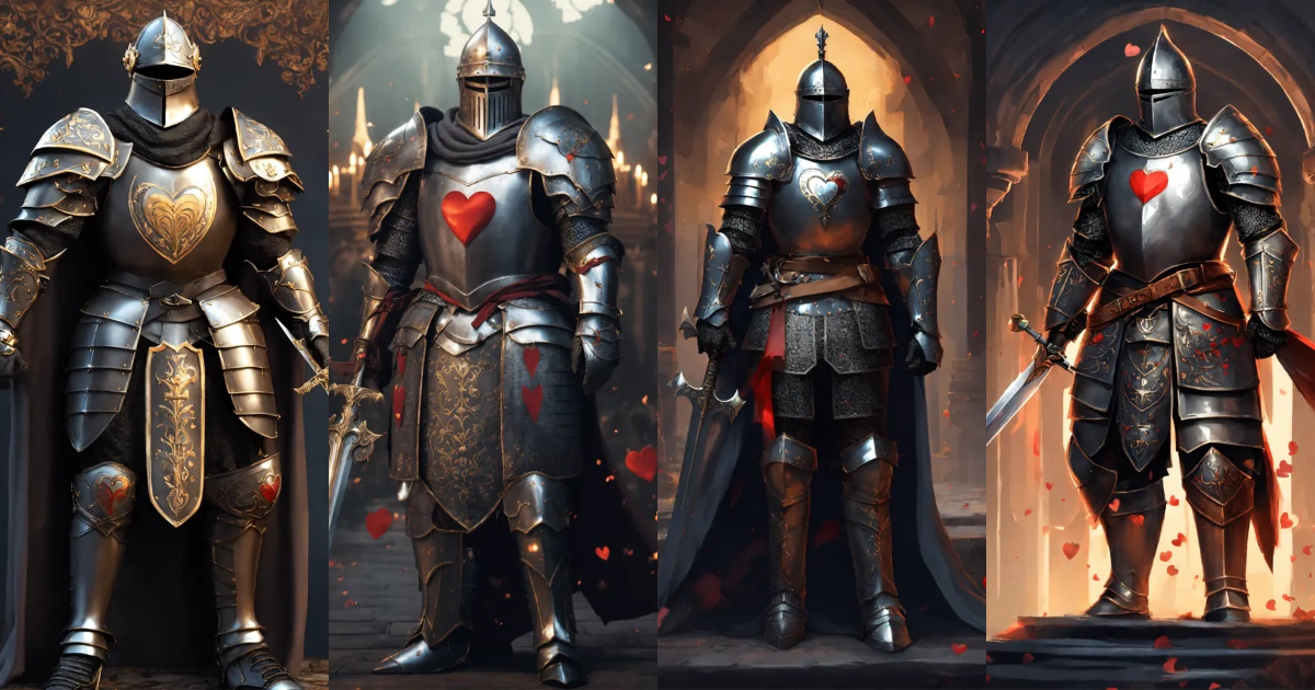 Lexica - Tall strong knight in dark gray armor with heart shaped ...